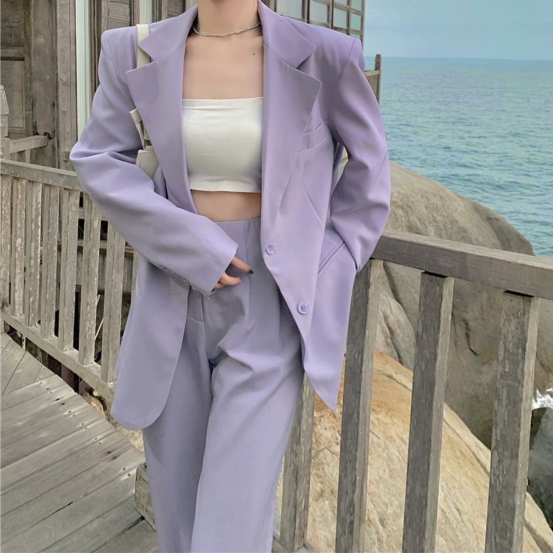High-End Sense Suit Purple Loose Jacket Straight Wide-Leg Pants Long ...