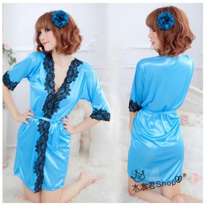 Empire Sexy Kimono Style Satin Lace Bathrobe Lingerie (Blue) | Shopee ...