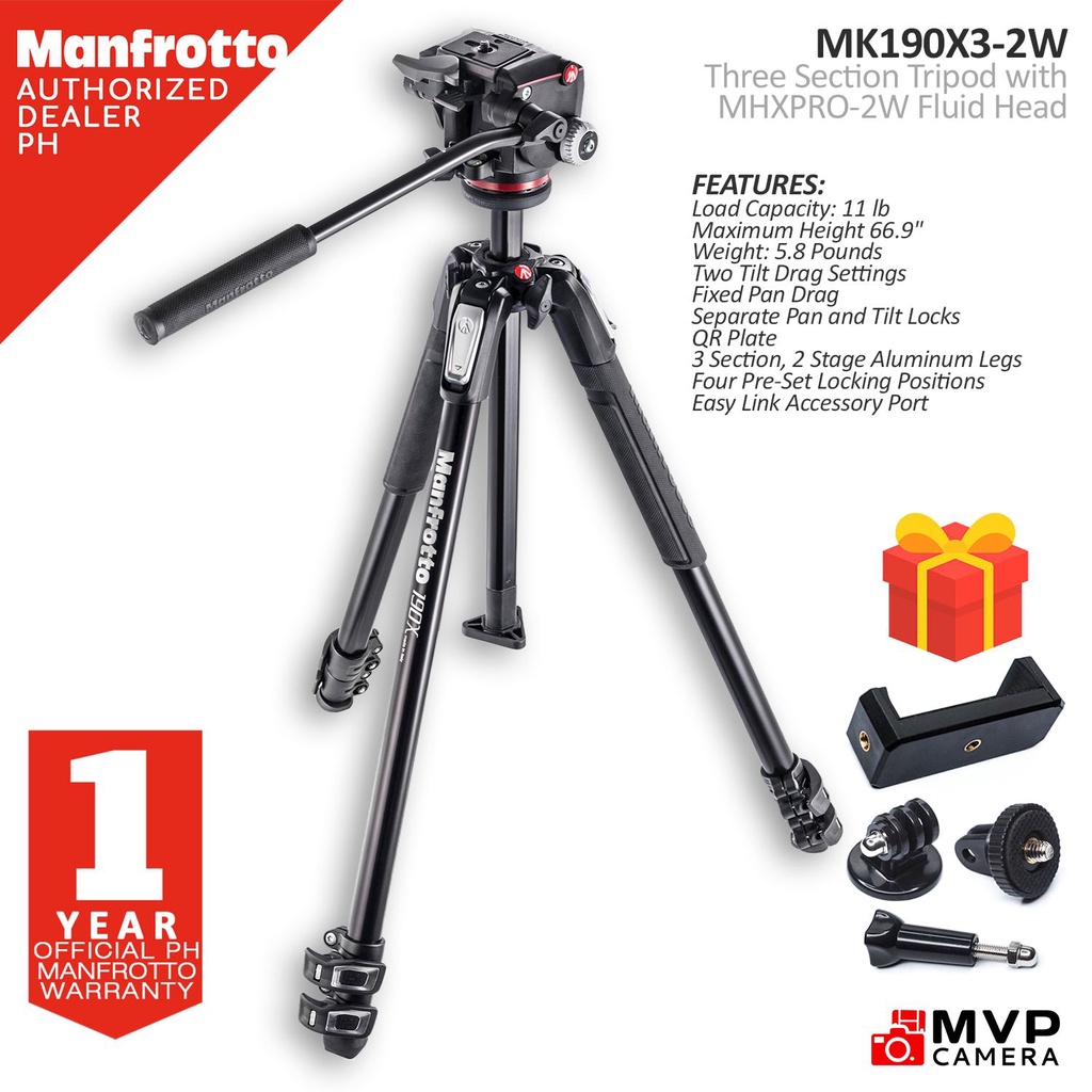 MANFROTTO MK190X3-2W 190X3 Three Section Tripod with MHXPRO-2W Fluid ...