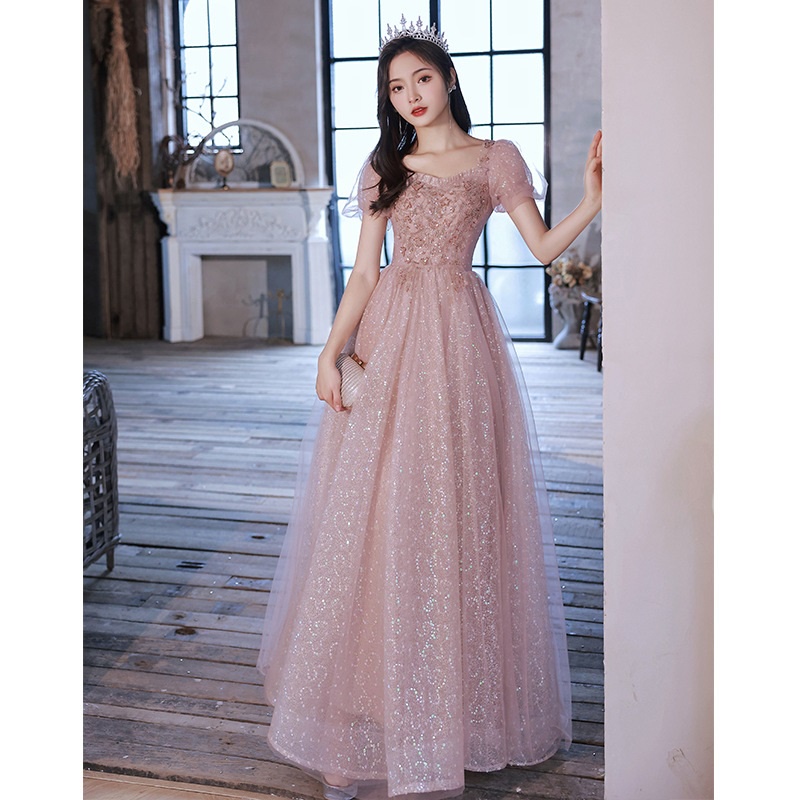Pink Starry Sequins Evening Dress Banquet Fairy Temperament Puff Sleeve ...
