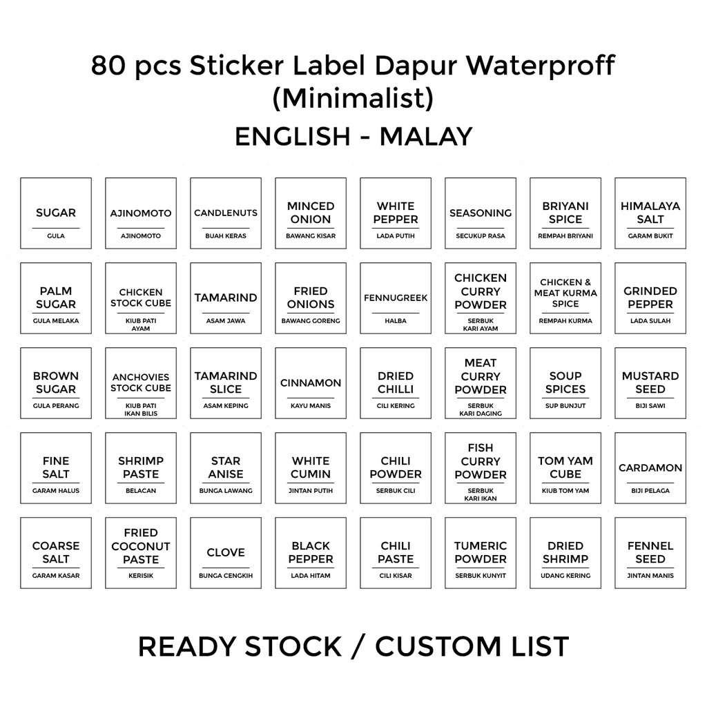 80 pcs English - Malay Sticker Label Dapur Waterproof (Minimalist ...