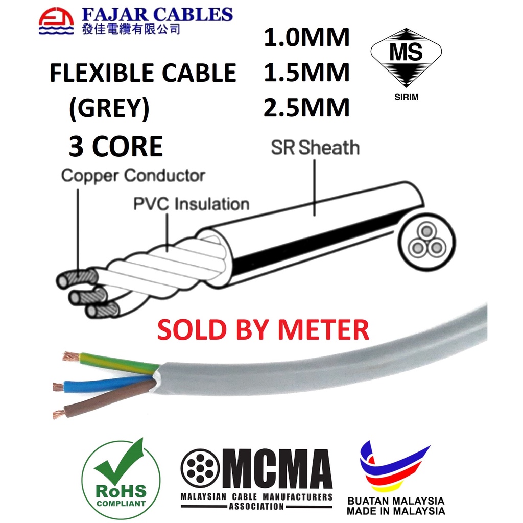 (Cut by Meter) FAJAR 1.0MM/1.5MM/2.5MM 3 Core Flexible Cable FAJAR ...