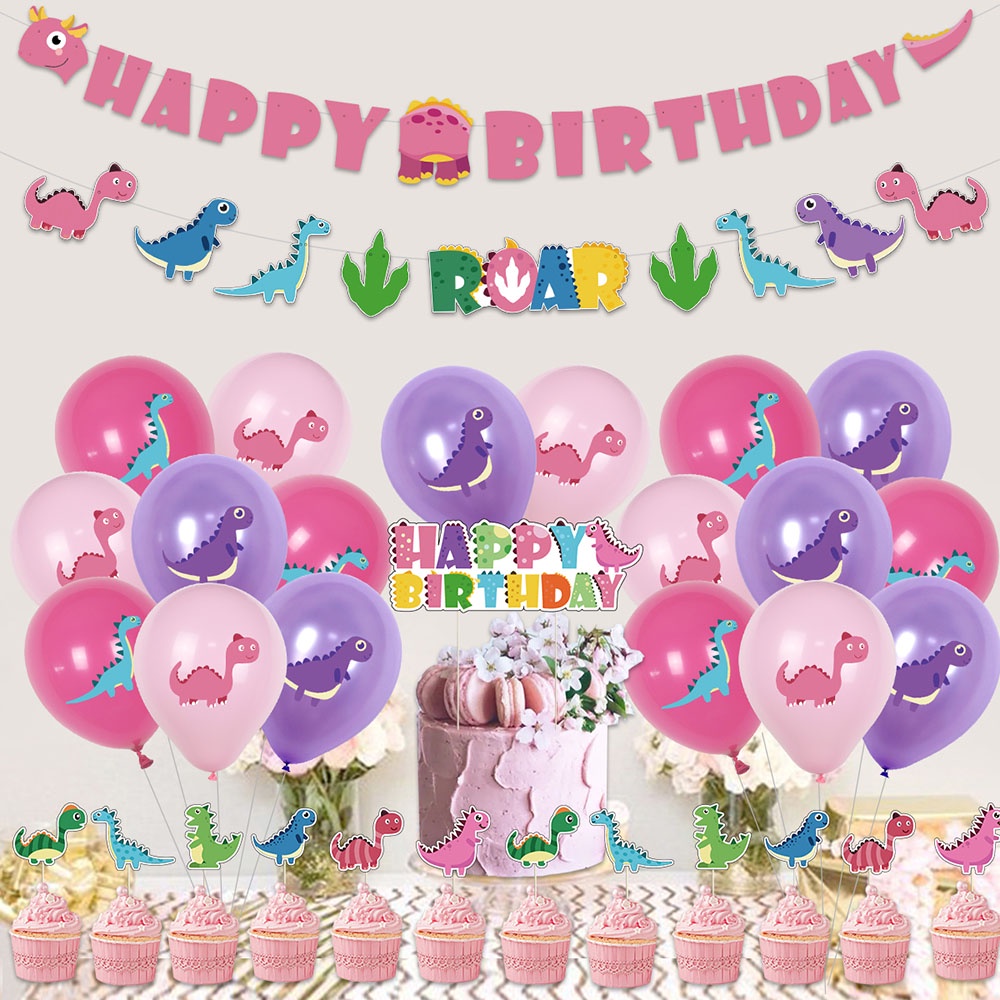 New Pink Dinosaur Theme Birthday Party Dino Banner Dinosaur Latex ...