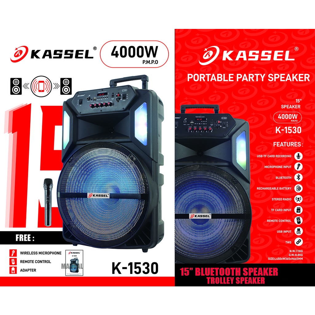 FREE USB KASSEL 15" Trolley Bluetooth Speaker With USB/TF/FM/BT Free ...