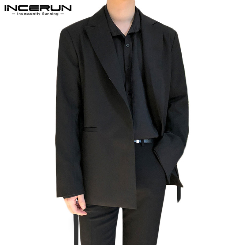 INCERUN Men Fashion Long Sleeve Black With Belt Loose Casual Blazer ...