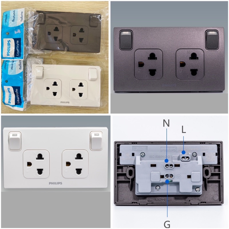 2 X 2-Wire Electric Socket With PHILIPS Switch 2X4 Double Ground Set ...