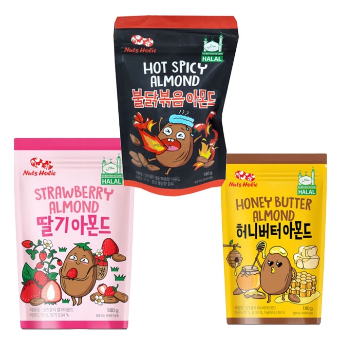 Halal Korean Food - Nuts Holic HALAL Almond 180g 3 Set(Honey Butter, Spicy Buldak, Strawberry ...