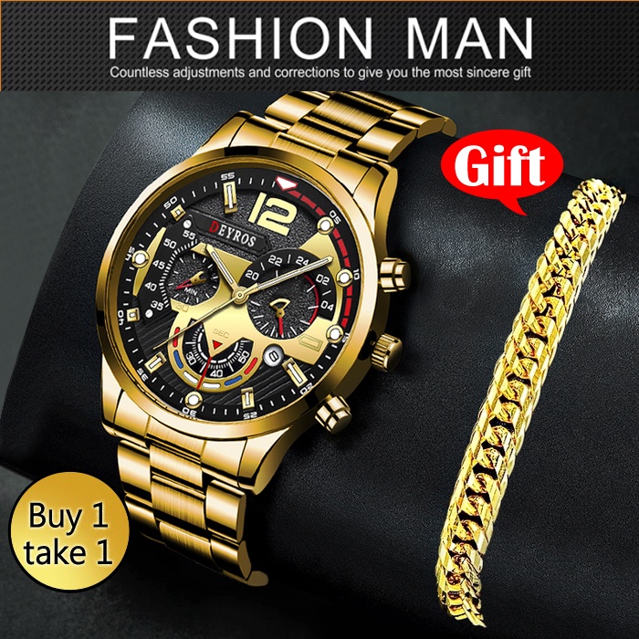 DEYROS Brand Luxury Original Watch for Men Luminous Gold Stainless ...
