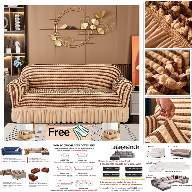 Stretch thick colorblock seersucker sofa cover with skirt 1/2/3/4 seat ...