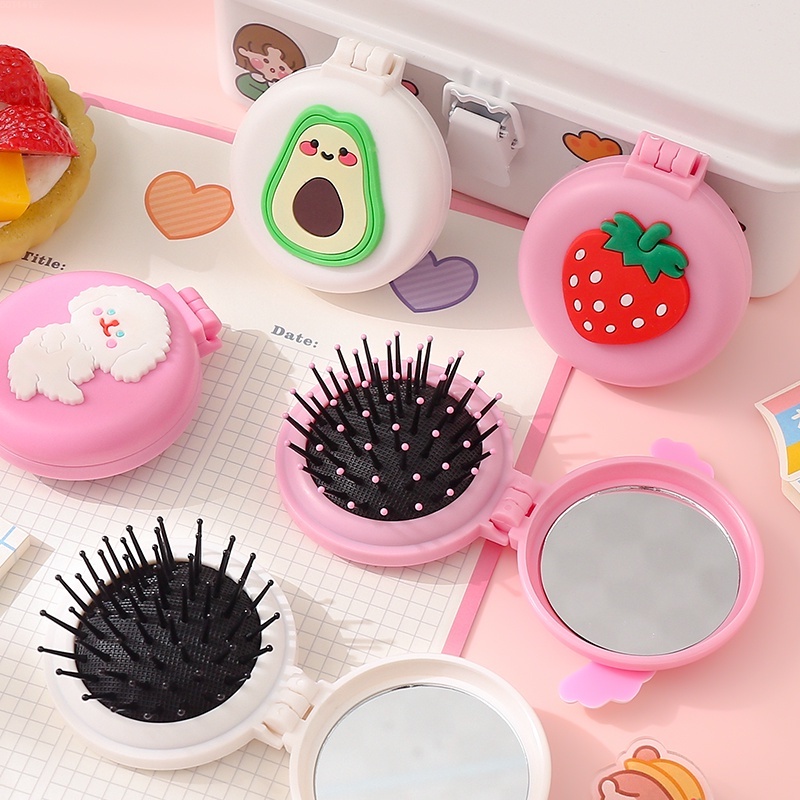 CUTE CARTOON PORTABLE COMB WITH MIRROR Folding Comb Airbag Massage Hair ...