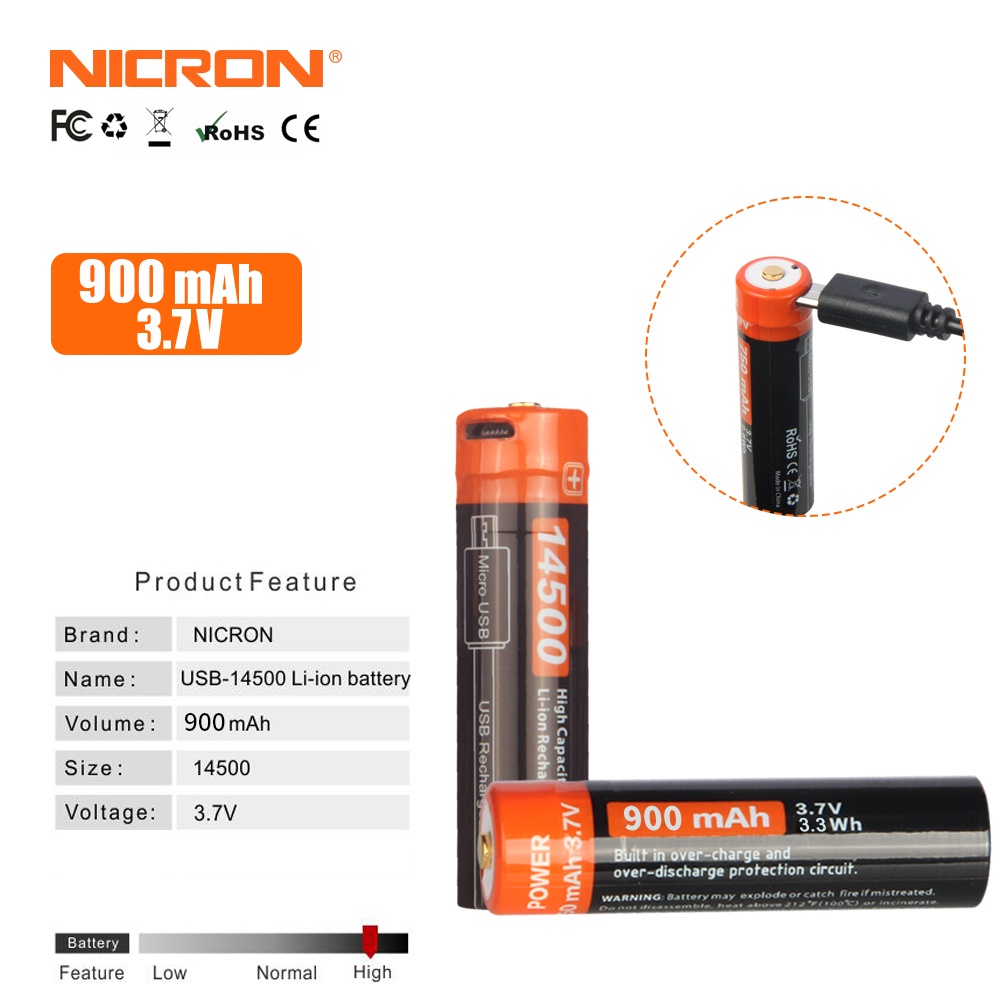 Nicron Flashlight Source 14500 Battery Lithium Battery 900Mah 3.7V Usb ...