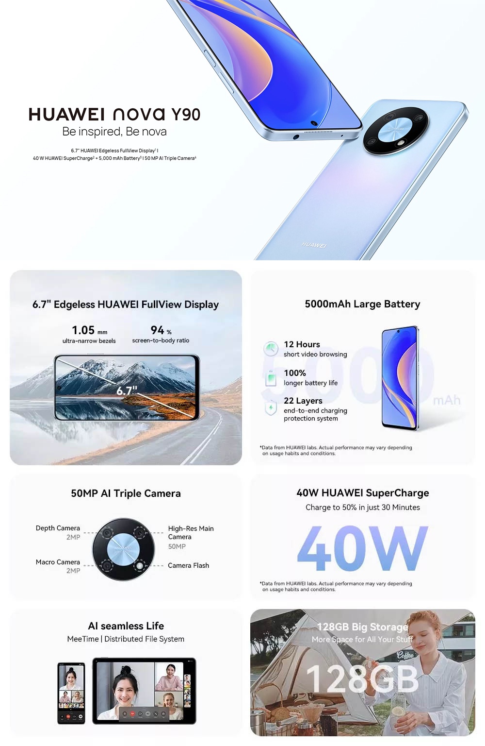 Huawei Nova Y90 Smartphone Edgeless Full View Display Super Charge 40w 8gb Ram+128gb Rom 6.7 ...