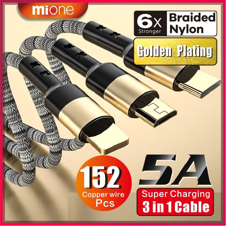 Mione 5A Golden Plating Fast Charging Cable 3 in 1 Cable Charger Type C ...