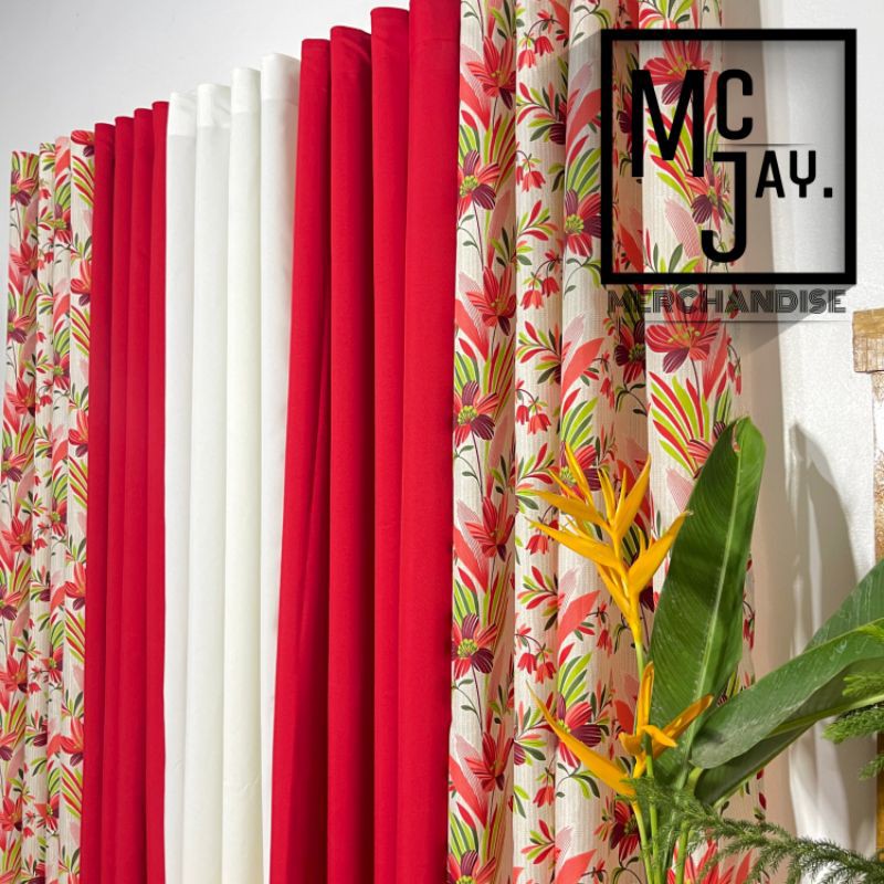 MCJAY - 5in1 Red Floral Ring Curtain Set (6ft/7ft) - Sold per PIECE/SET ...