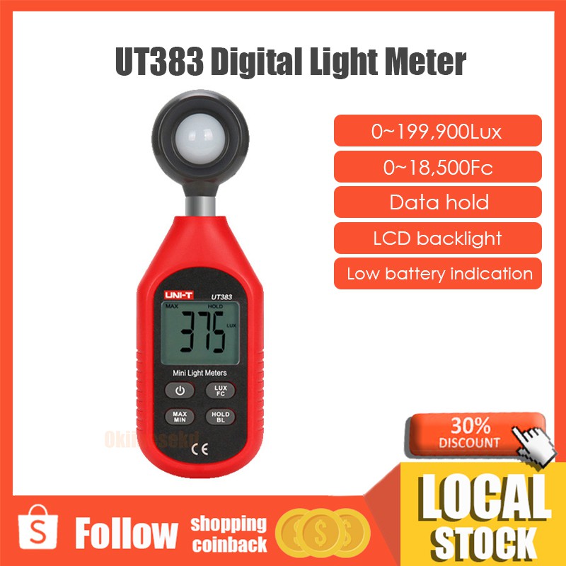 UNI-T UT383 Light Meter 200,000 LUX Digital Luxmeter Lux/Fc ...