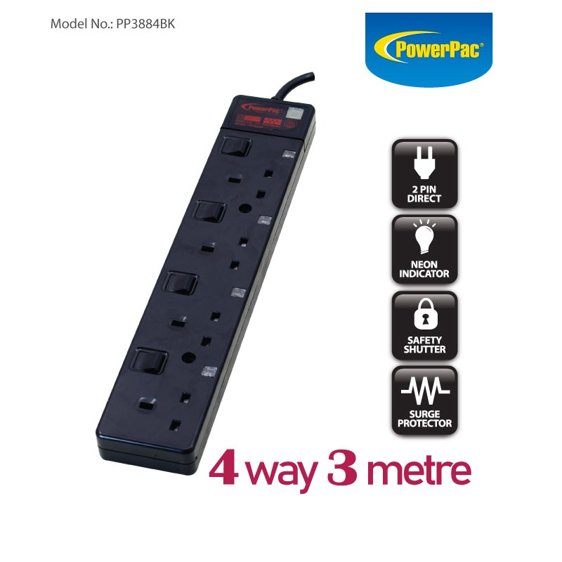 PowerPac Extension Socket, Extension Cord 4 way 3 metre with 2-Pin ...