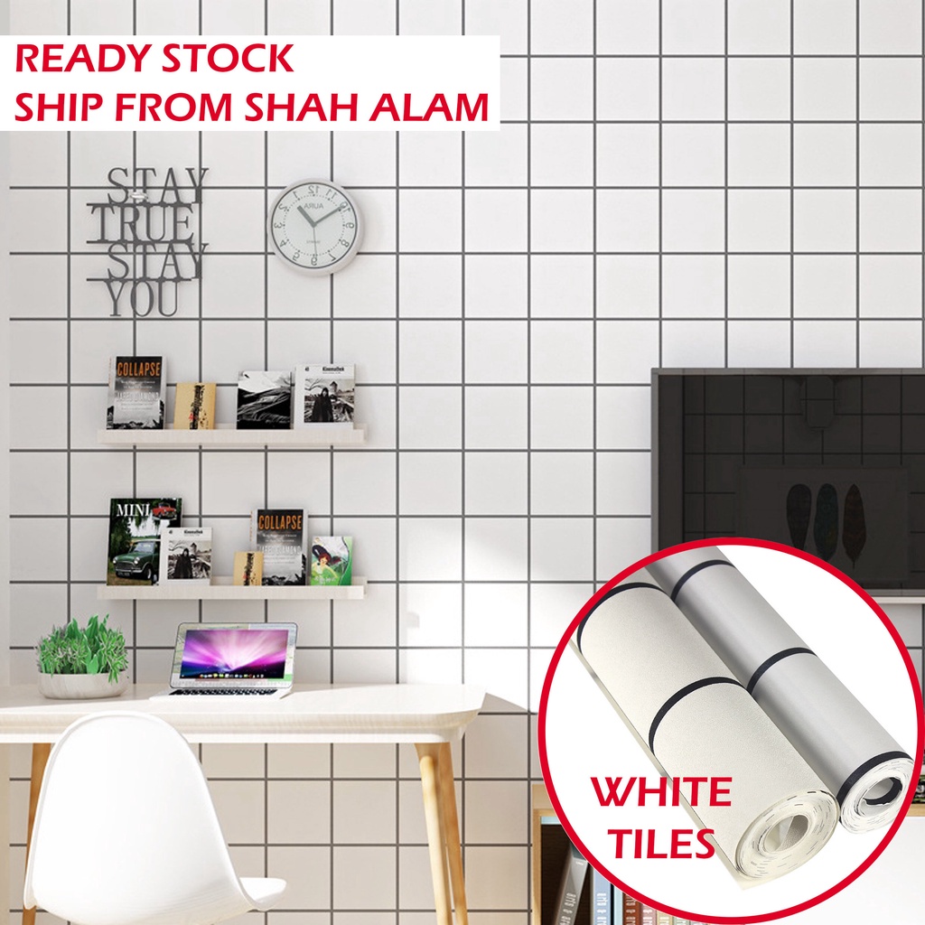 Kertas Dinding Jubin Petak Putih White Square Tiles Wallpaper 60cmx5m ...