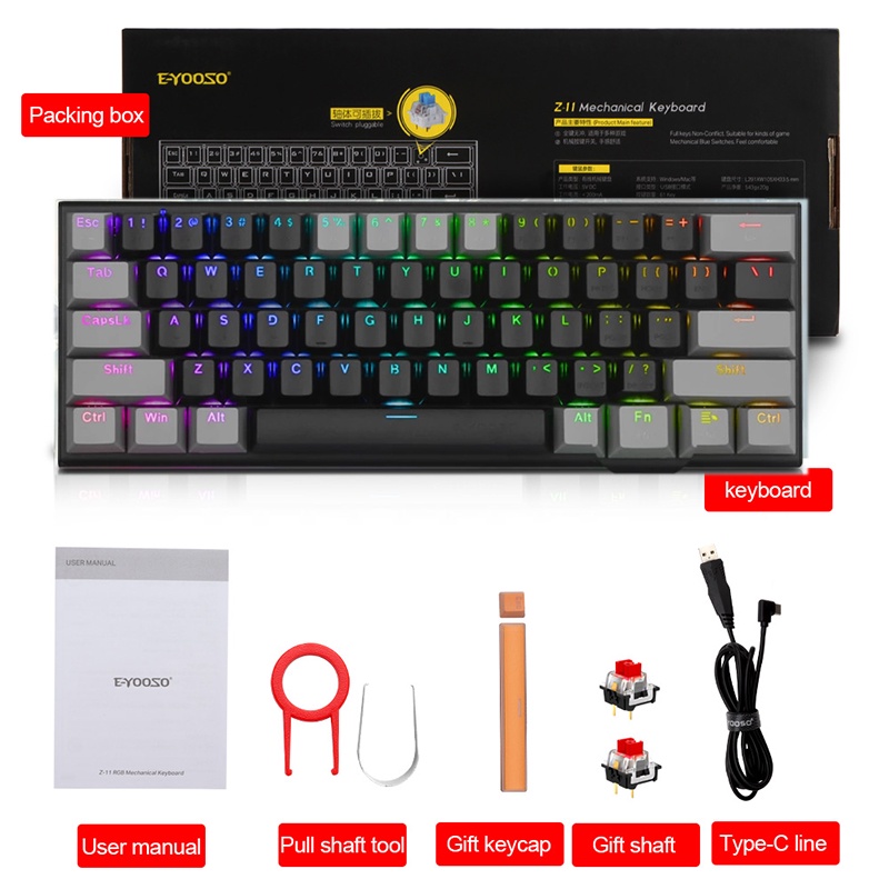 E-YOOSO Z11 RGB USB 60% Mini Mechanical Gaming Keyboard Blue Red Switch ...