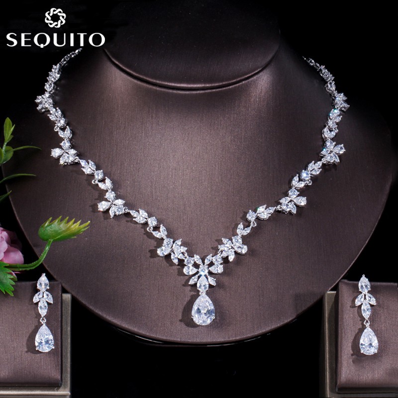 SEQUITO Beautiful Wedding Costume Jewelry Sets Flawless AAA CZ Crystal ...