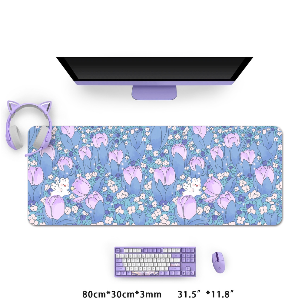 Extra Large Kawaii Purple Gaming Mouse Pad Cute Tulips Flower Bunny XXL ...