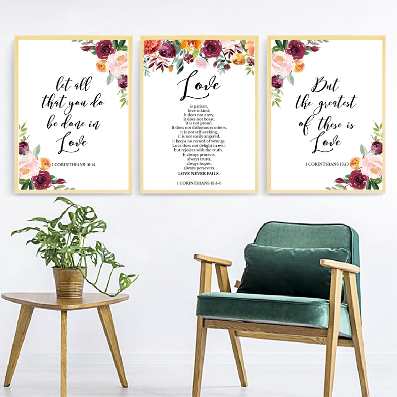 Bible Verse Love Quotes Wall Art Canvas Painting Watercolor Flowers ...