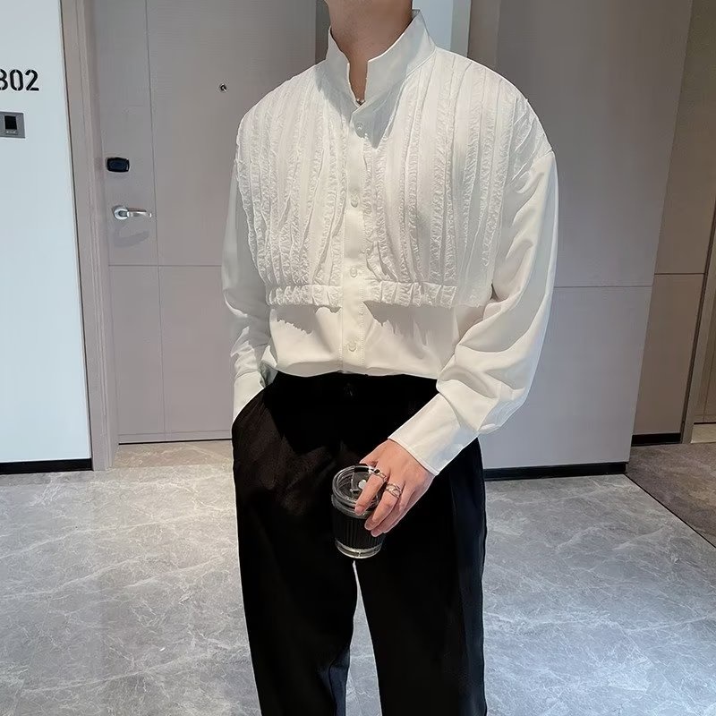 Autumn Stand-Up Collar Pleated Stitching Design Sense Long-Sleeved ...