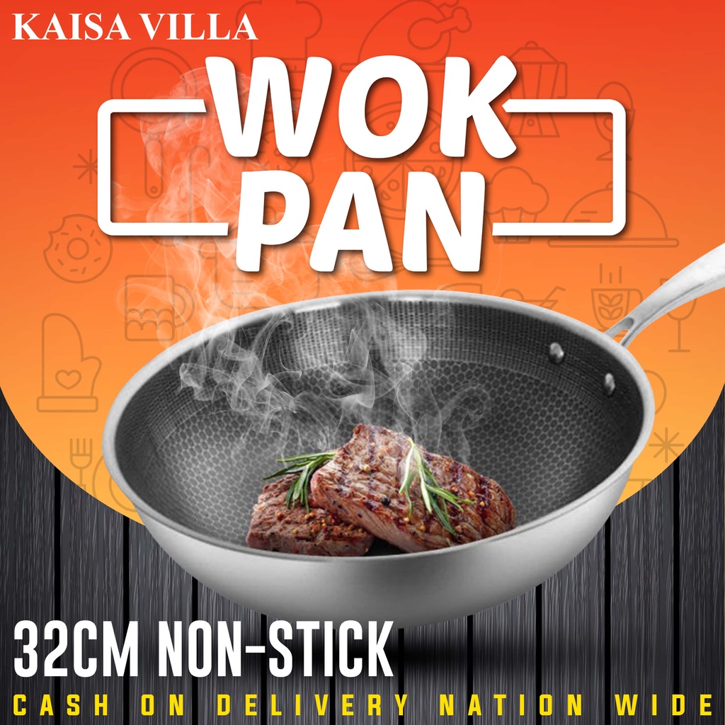 KAISA VILLA 32cm Stainless Steel Non Stick Wok Pan Honeycomb Stainless ...