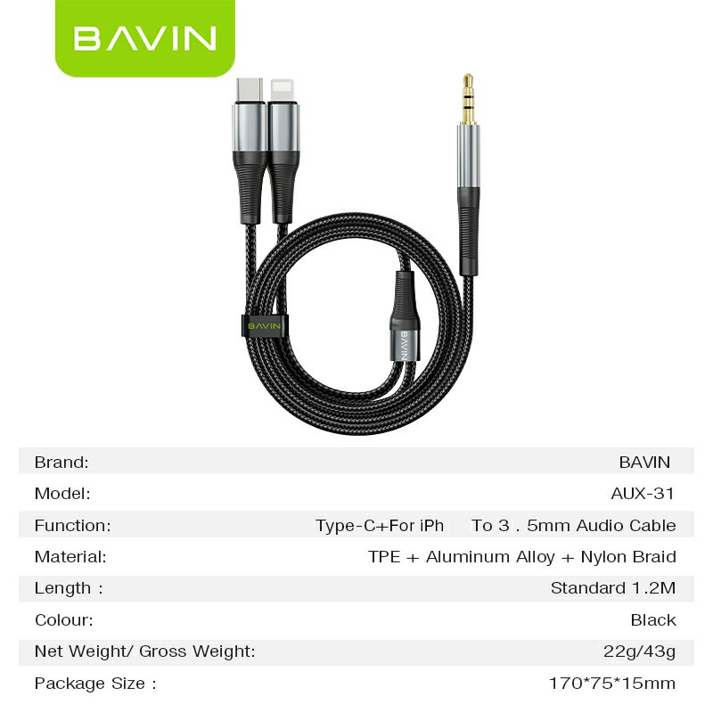 BAVIN AUX31 Type-C and Lightning cable to 3.5mm Audio AUX Stereo Sound ...