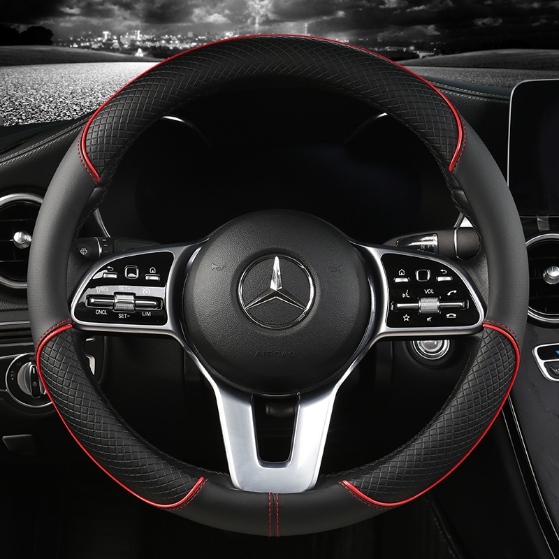 36cm Leather + Carbon Fiber Colorblock Car Steering Wheel Cover Size S ...