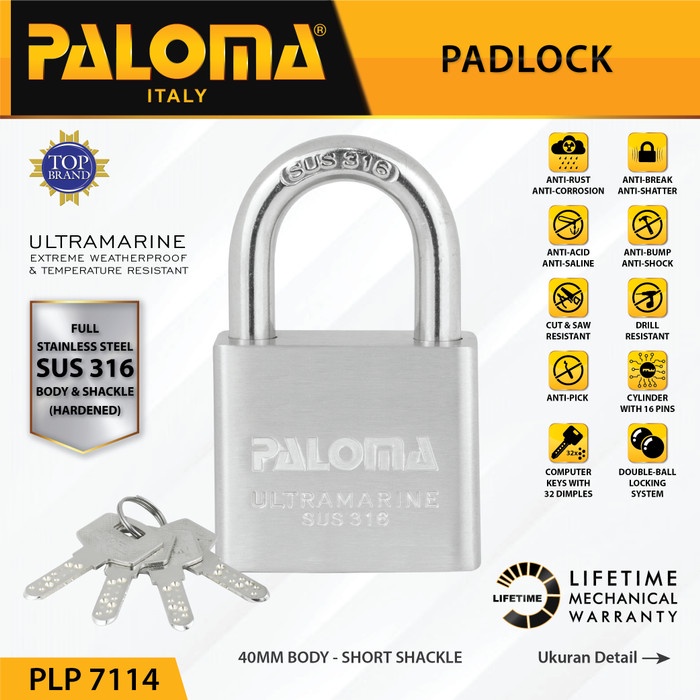 Paloma PLP 7114 Padlock SUS 316 Padlock Short Shackle Short Neck 40mm ...
