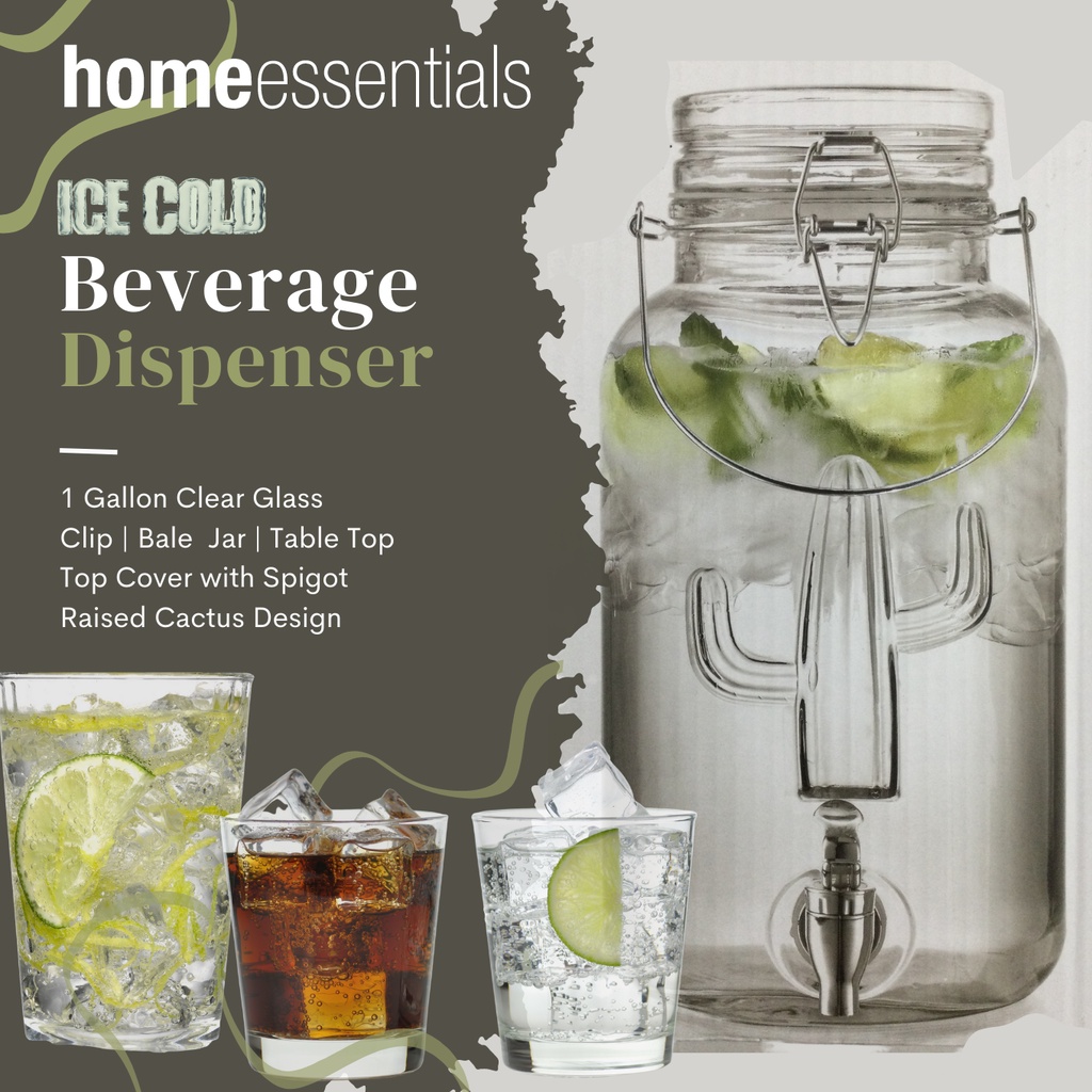 HOME ESSENTIALS Large Cold Beverage Dispenser Clear Glass Mason Style ...