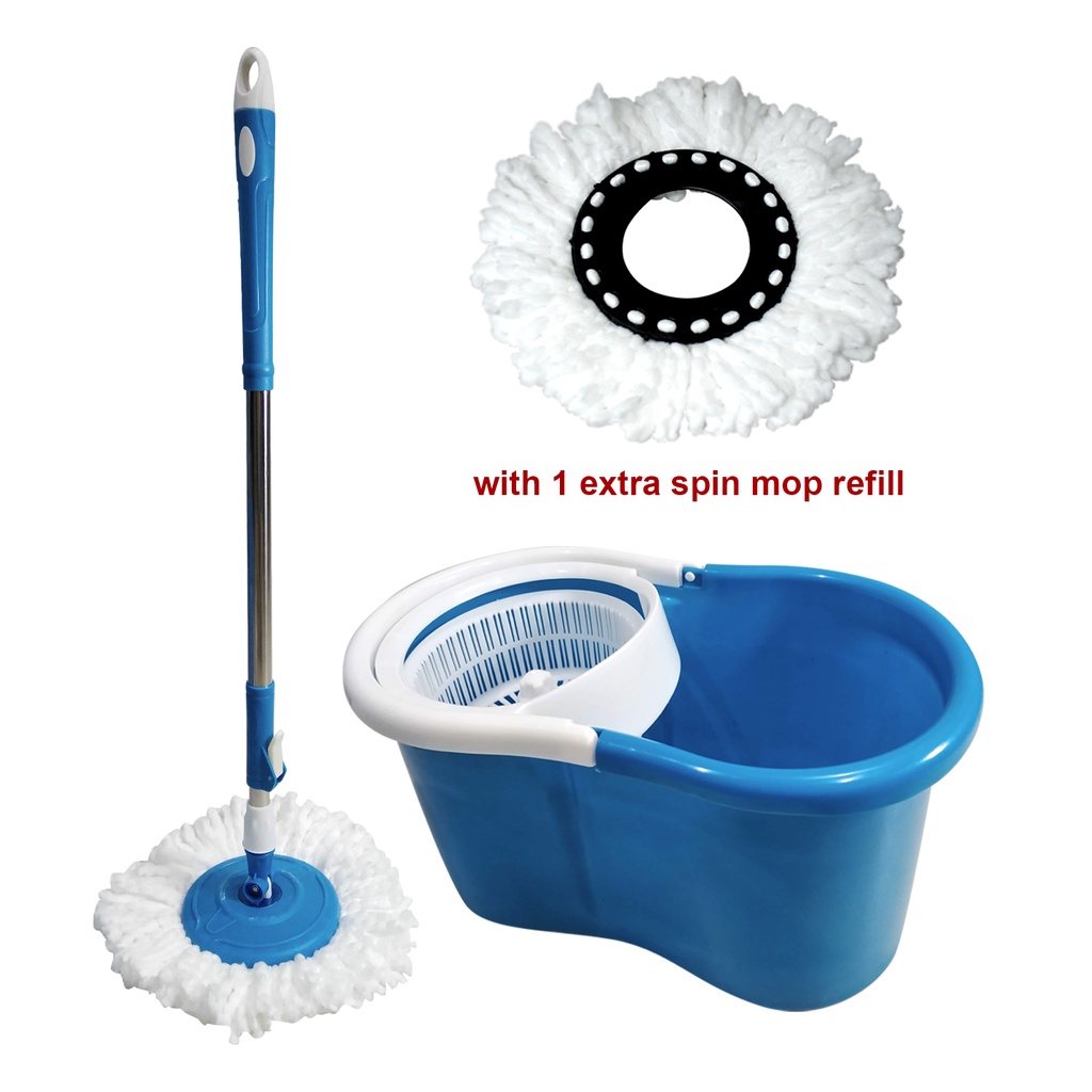 Spin Floor Mop with Bucket Plastic Spinner + Microfiber Mop Head ...