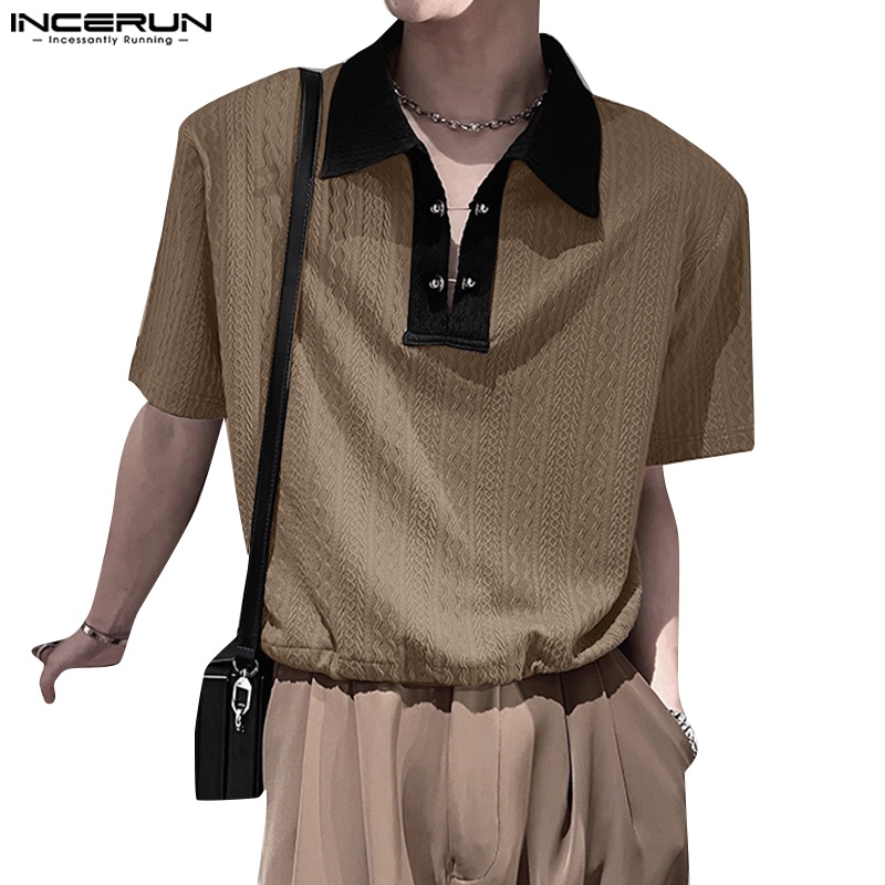INCERUN Mens Short Sleeve Collared Stitching Button Up Casual Polo ...