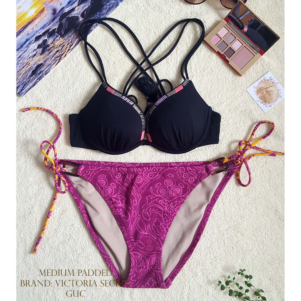 Victoria Secret 2 Piece Swimsuit Black Cross Back Bra Top & Tie Bikini ...