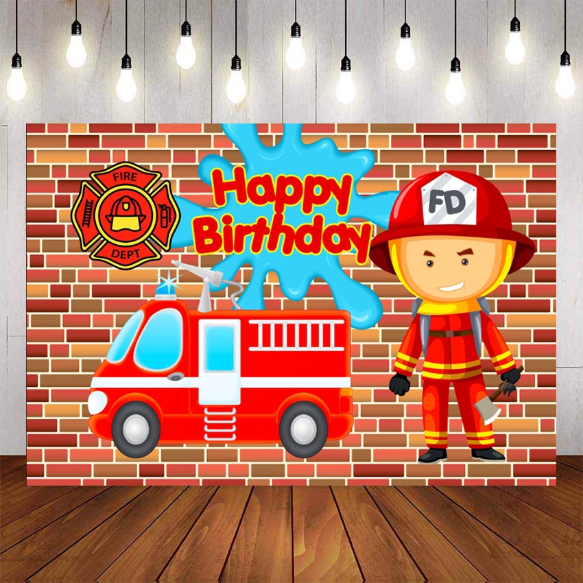 Children Firemen Fire Truck Backdrops Cartoon Boy Birthday Party ...