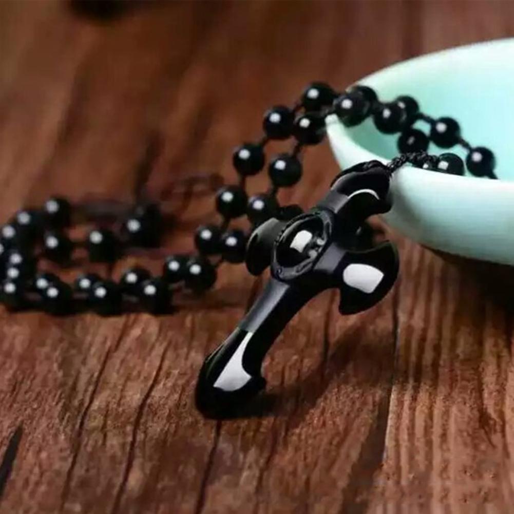 Drop Shipping Natural Black Obsidian Carved Cross Lucky Necklace Beads ...