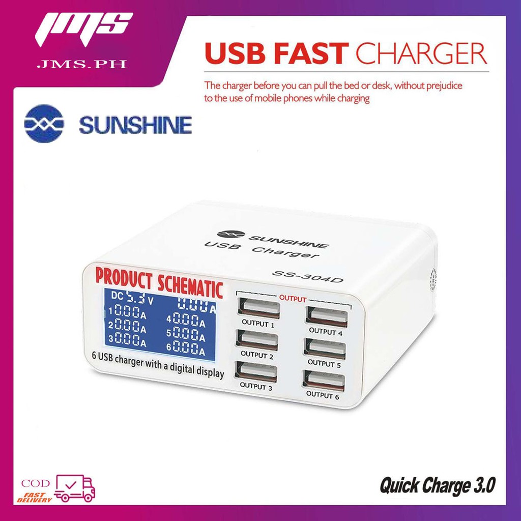 Sunshine SS-304D 6 Port Fast Charger High Quality Digital Display Multi ...