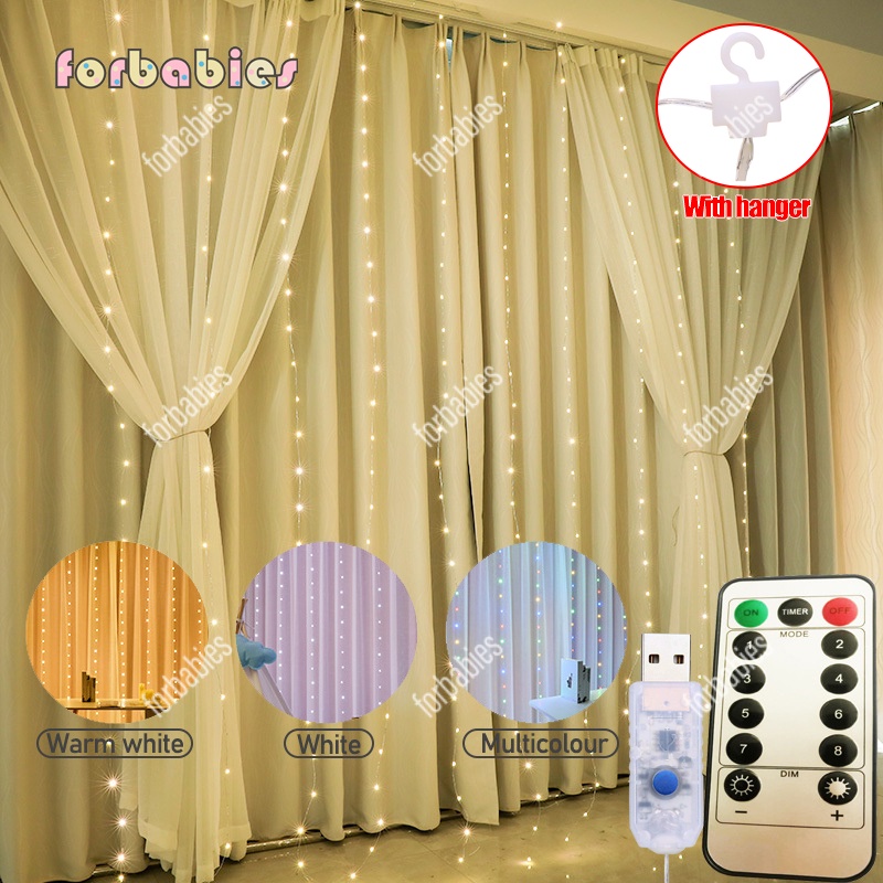 2M 3M Curtain Light 200/300 LED 8 Lighting Modes Copper Wire Fairy ...