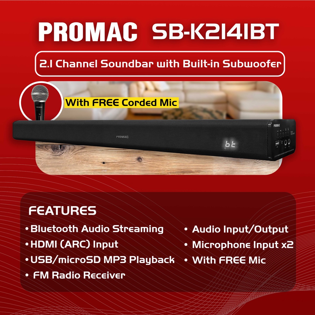 Promac Karaoke Soundbar with Built-in Subwoofer and FREE Corded Mic (SB ...