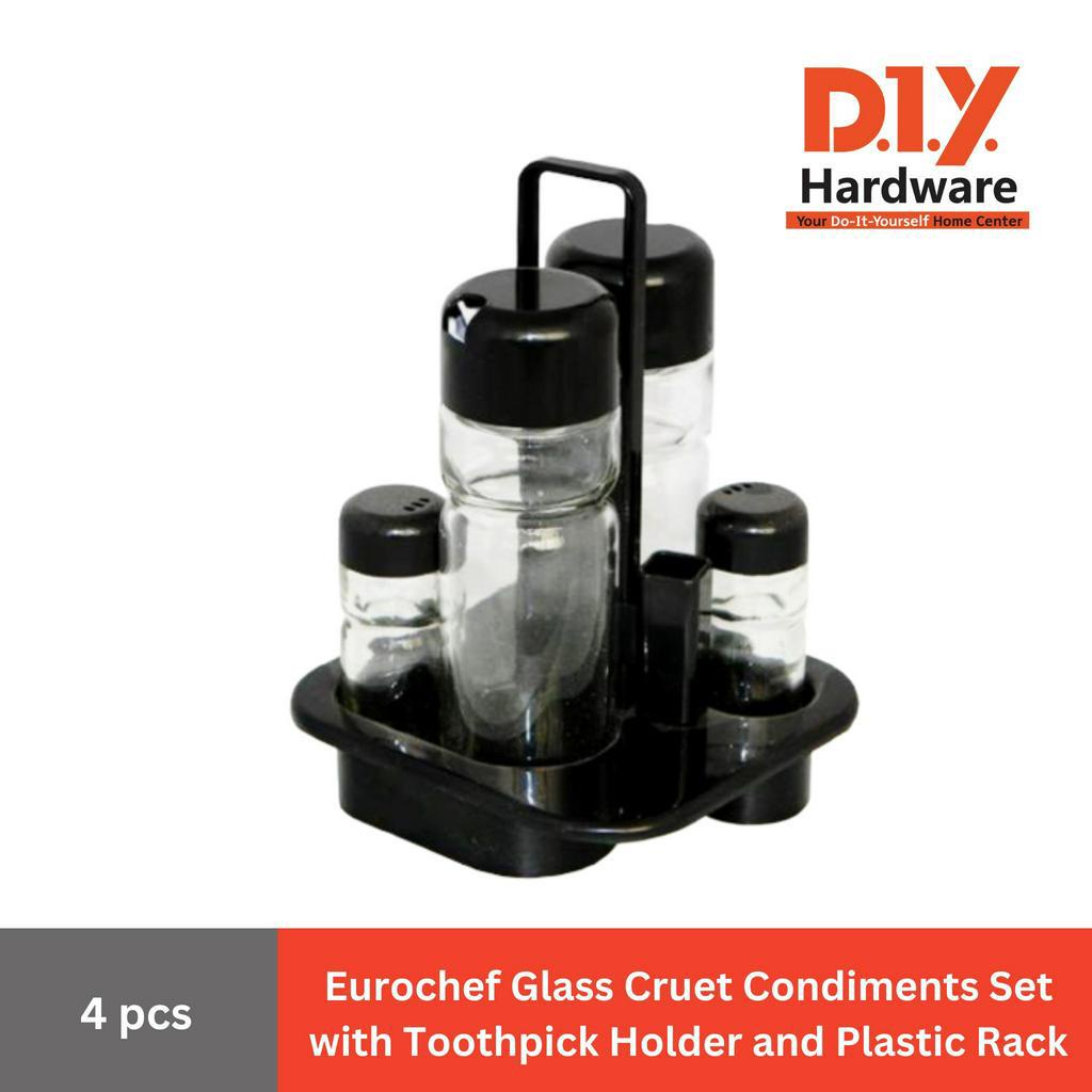 EUROCHEF 4pcs Glass Cruet Condiments Set with Toothpick Holder and ...
