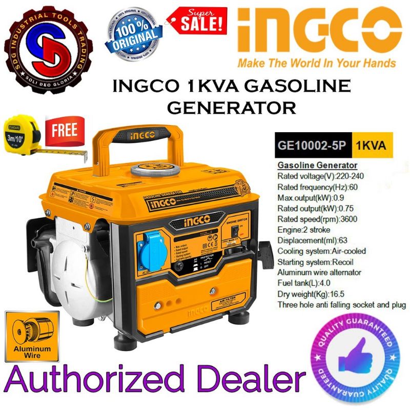 INGCO 1Kva/ 900W 2-Stroke Gasoline Generator (GE10002-5P) with FREE 3m ...