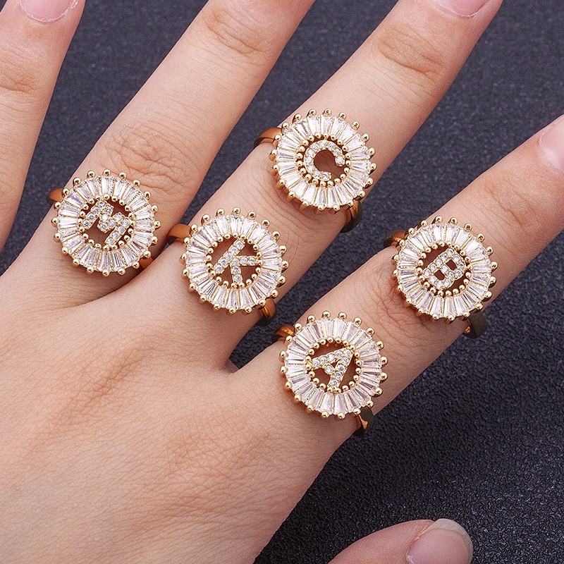 Initial 26 Alphabet Adjustable Size Gold Color Zircon A-Z Letter Ring ...