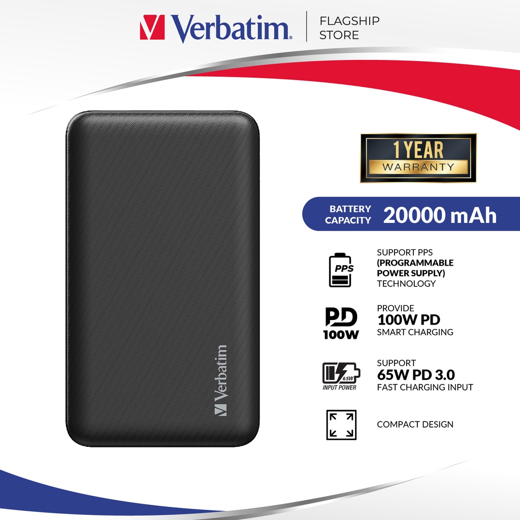 Verbatim PB-66699 20000mAh PD & QC 3.0 -Can charge Laptop, Support PPS ...