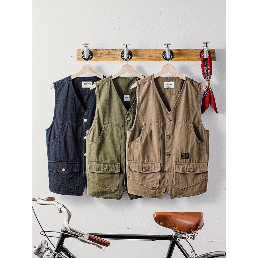 Multi-pocket Cargo Vest Men Short Retro Vest Japanese Retro Casual Vest ...