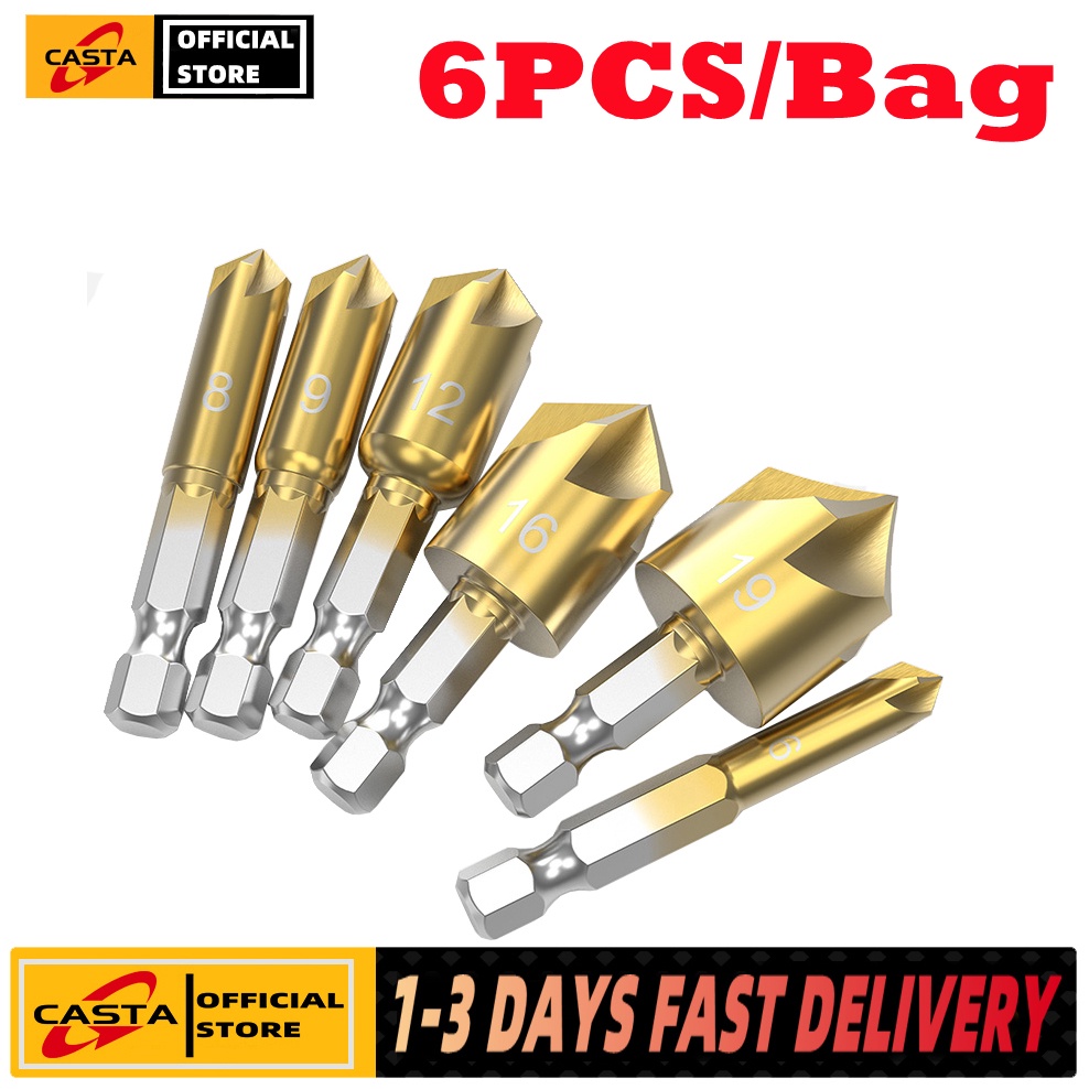 Casta 6Pcs Countersink Drill Bit Set 1/4'' Hex Shank HSS 5 Flute ...