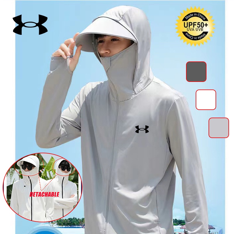 ⚡Detachable Hat Jacket for Men ice Silk UV Sun Protection Coats Long ...