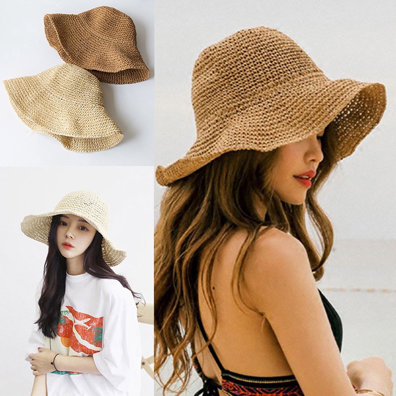 Fashion Beach Hat Bucket Pocketable Sunscreen Summer Protection Khaki ...