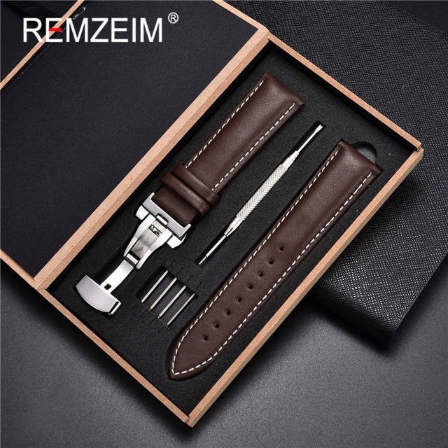 Genuine Leather Watchband 18mm 20mm 22mm 24mm with Automatic Butterfly ...