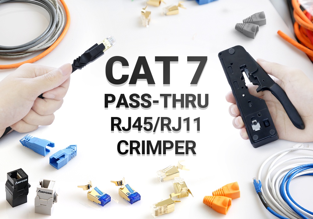 AMPCOM Cat 7 Network Crimping Tool CRIMP/CUT/TRIM/STRIP 4-IN-1 Works with Pass Thru/Non-Pass ...