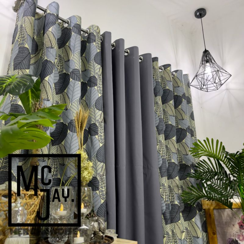 MCJAY - 3in1 Gray Leaves Ring Curtain (6ft/6.6ft/7ft) | Shopee Philippines
